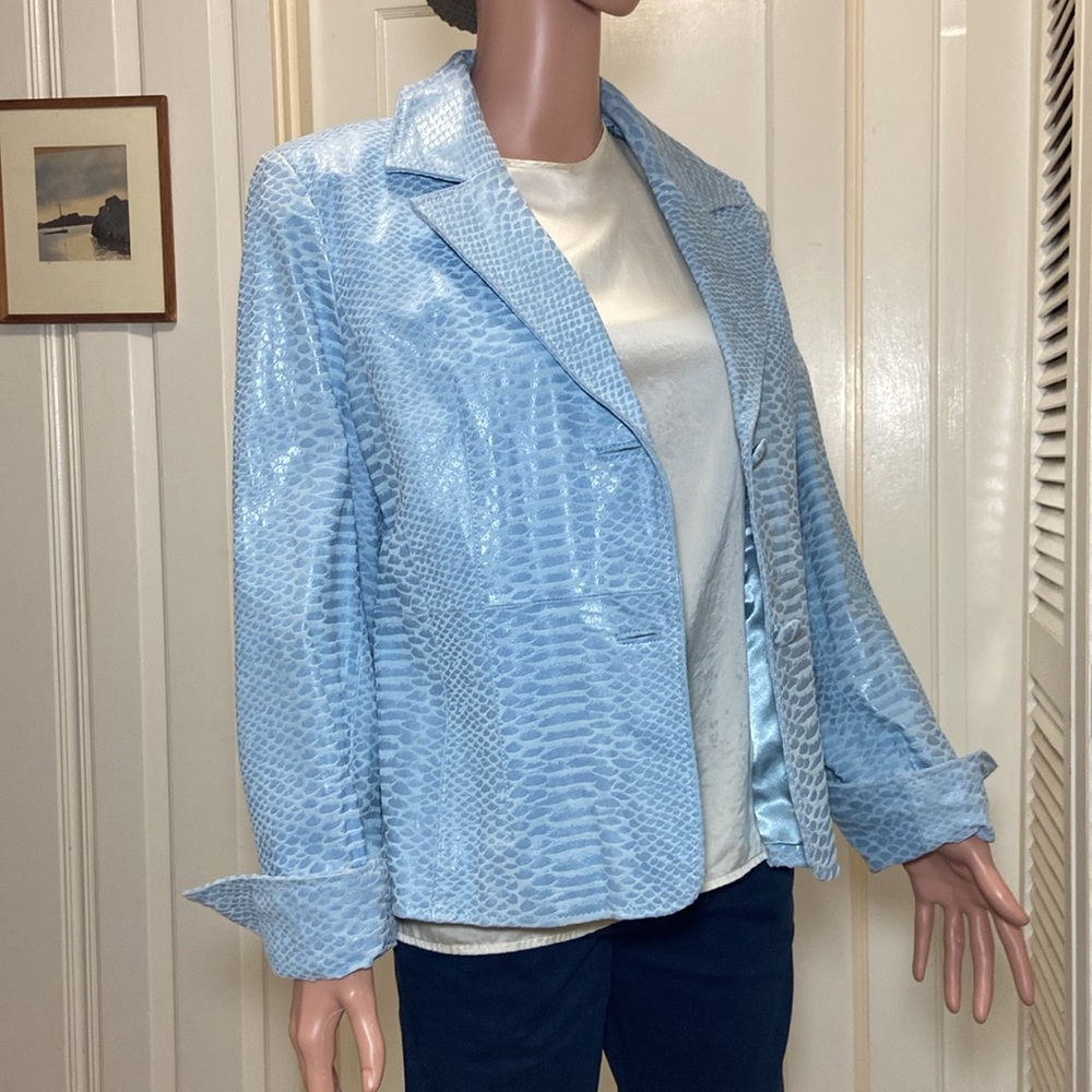 Pamela Mccoy Blue Sheen Leather Snake Print Jacket - Gem